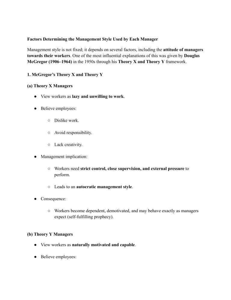 Factors Determining Management Style: Theory X and Y