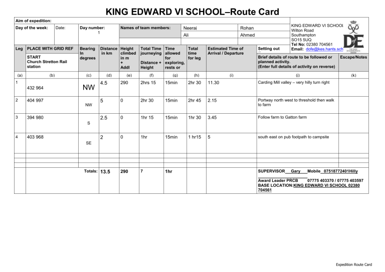 Expedition Route Card - King Edward VI School