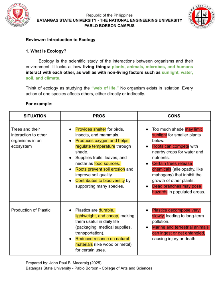 Introduction to Ecology Reviewer - Batangas State University