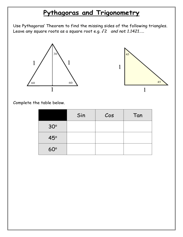 Pythagoras and Trigonometry Worksheet