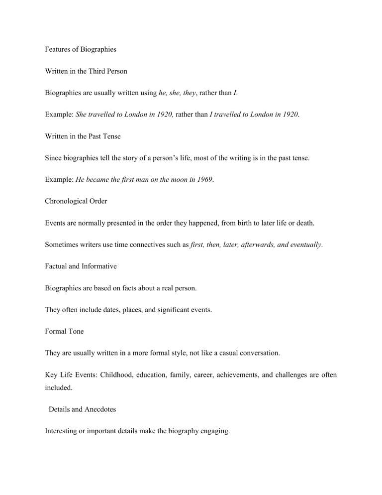 Features of Biographies & Autobiographies Guide