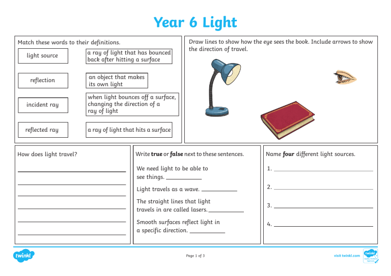 Year 6 Light Worksheet: Reflection, Sources, & Travel