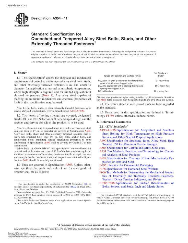 ASTM A354-11 Standard for Alloy Steel Fasteners