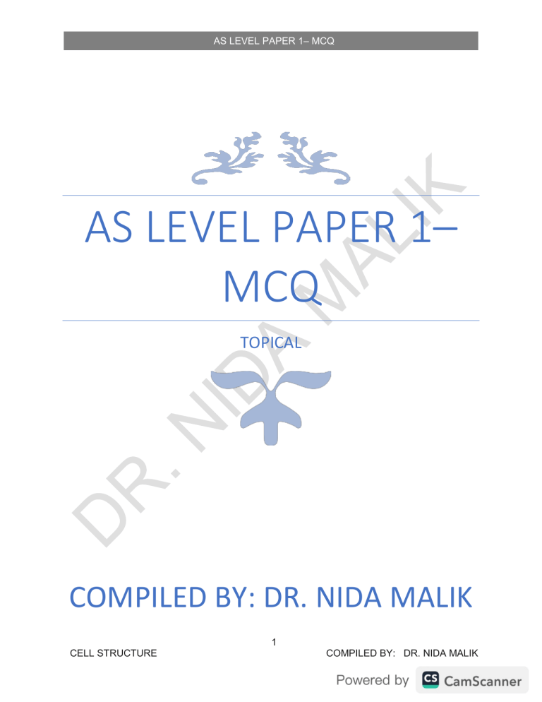 AS Level Cell Structure MCQ Paper 1 Topical