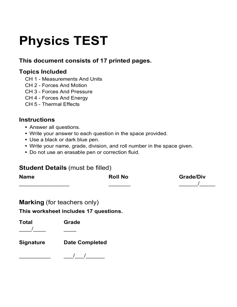 Physics Test: Measurements, Forces, Motion, Pressure, Energy, Thermal ...