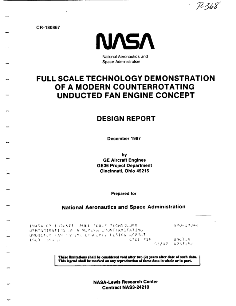 NASA GE36 Counterrotating Unducted Fan Engine Design Report