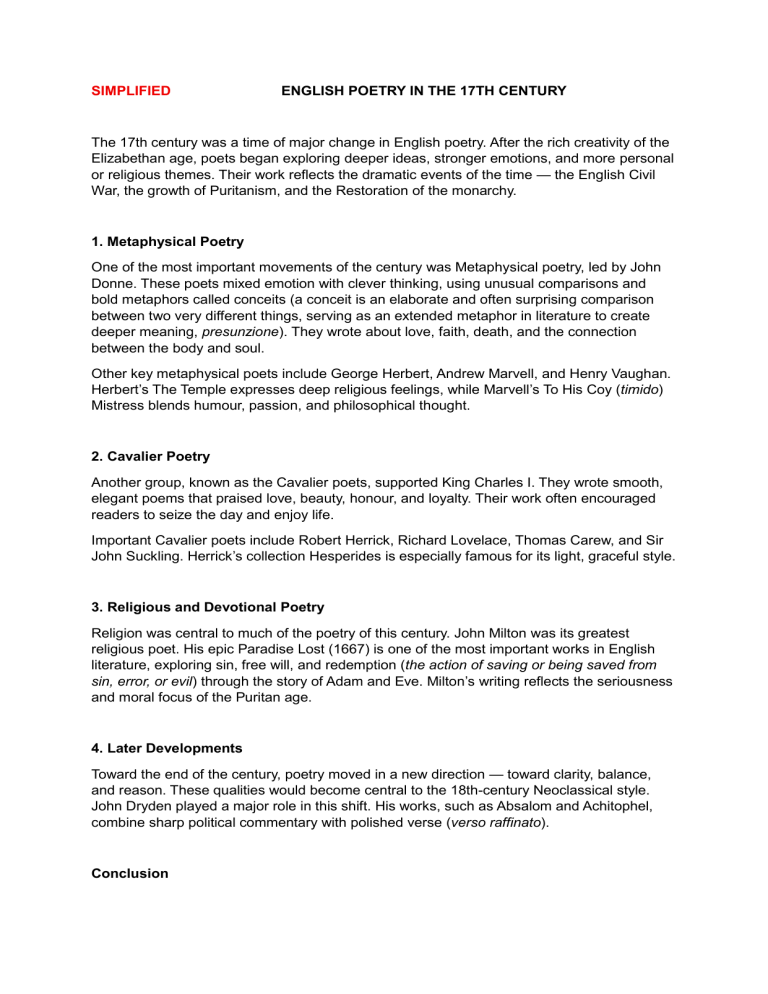 Simplified English Poetry in the 17th Century