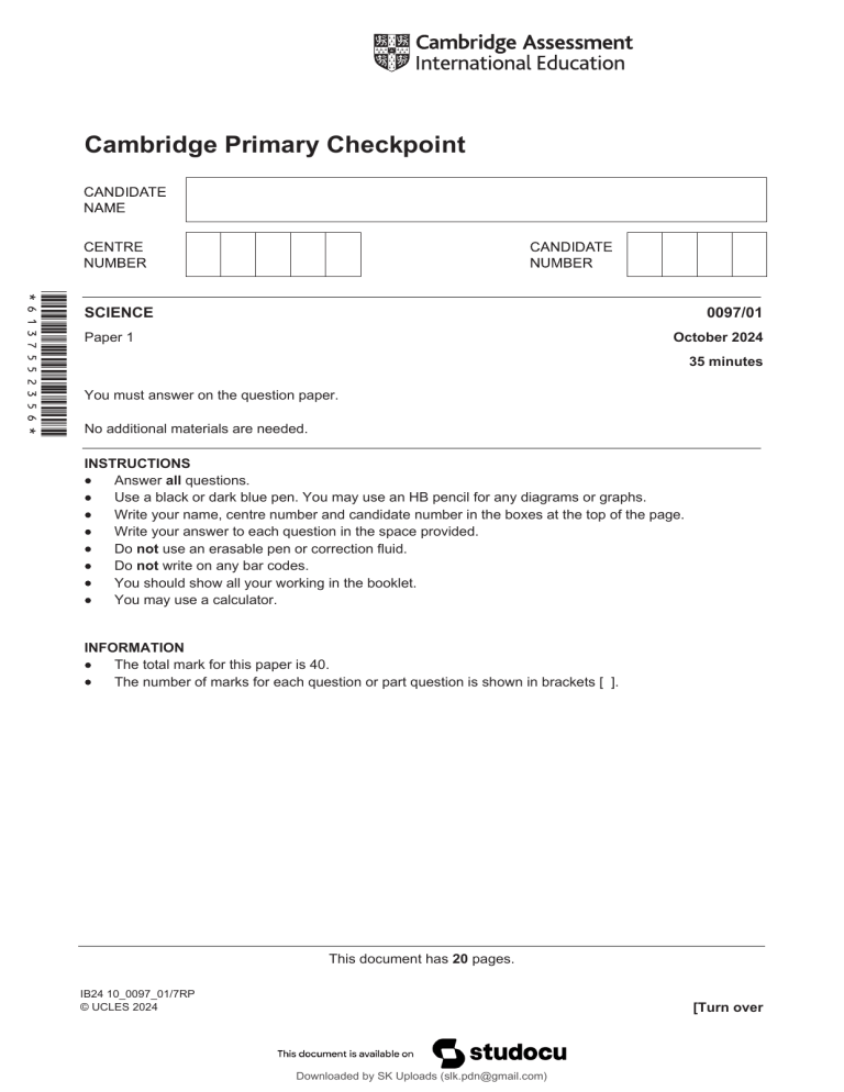 Cambridge Primary Checkpoint Science Paper 1 October 2024