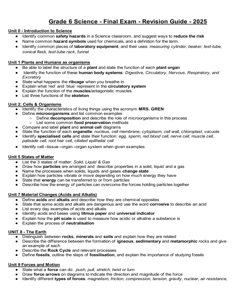 Grade 6 Science Final Exam Revision Guide 2025