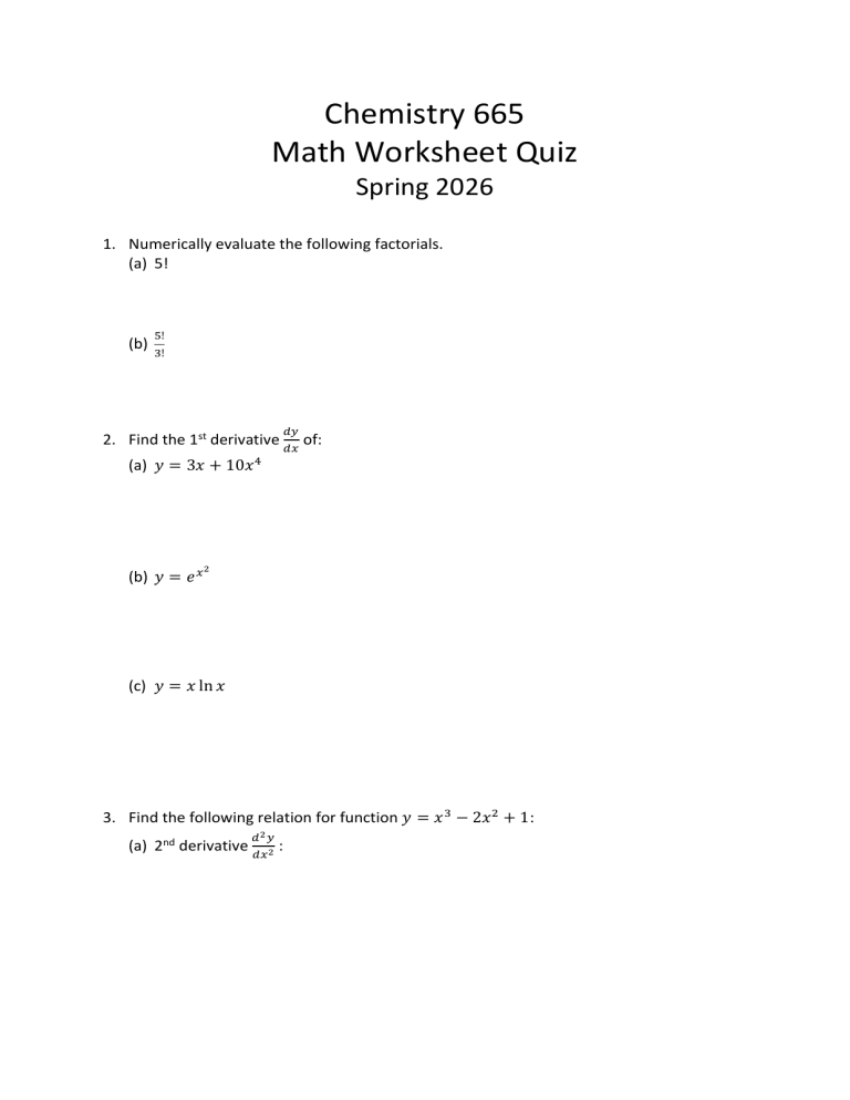 Chemistry 665 Math Worksheet Quiz