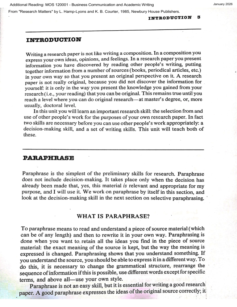 Paraphrasing in Academic Writing: Research Skills