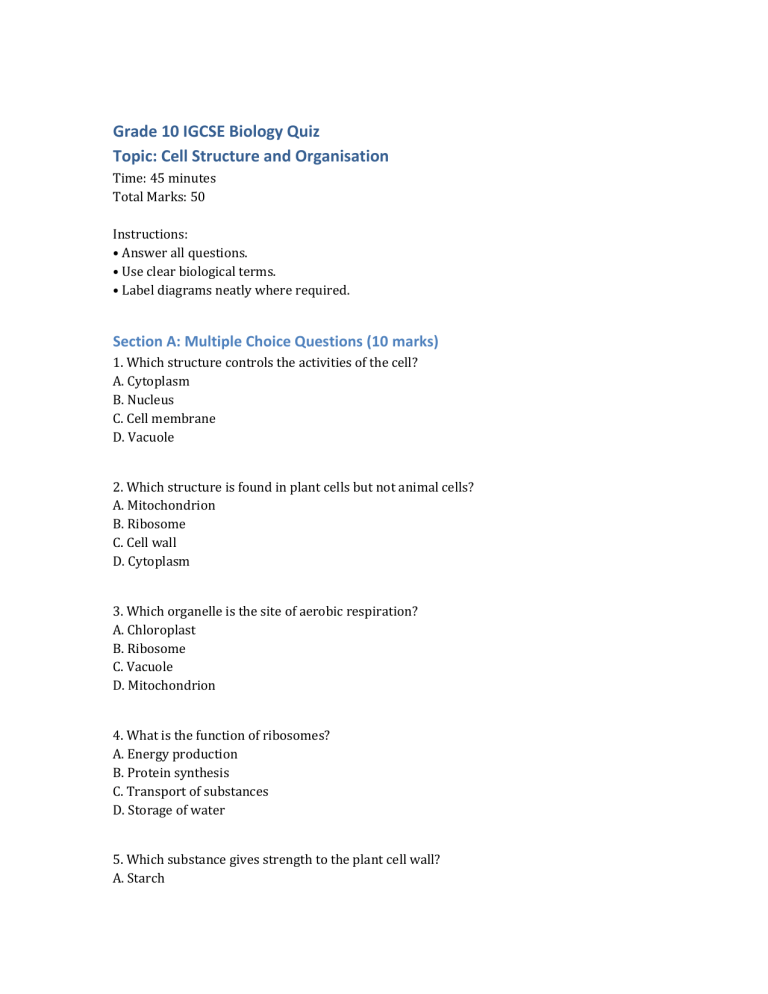 Grade 10 IGCSE Biology Quiz: Cell Structure