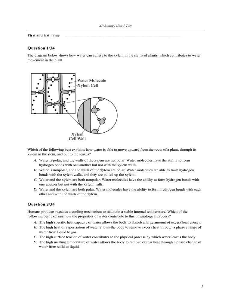 AP Biology Unit 1 Test Questions