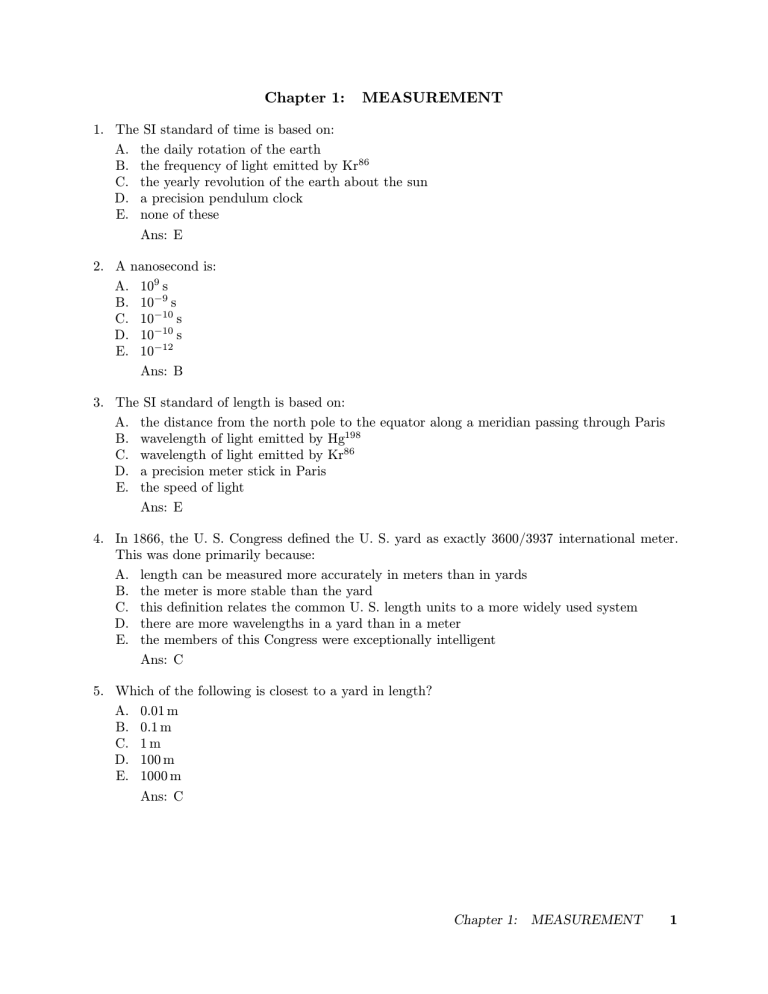 Chapter 1: Measurement - Physics Multiple Choice Questions
