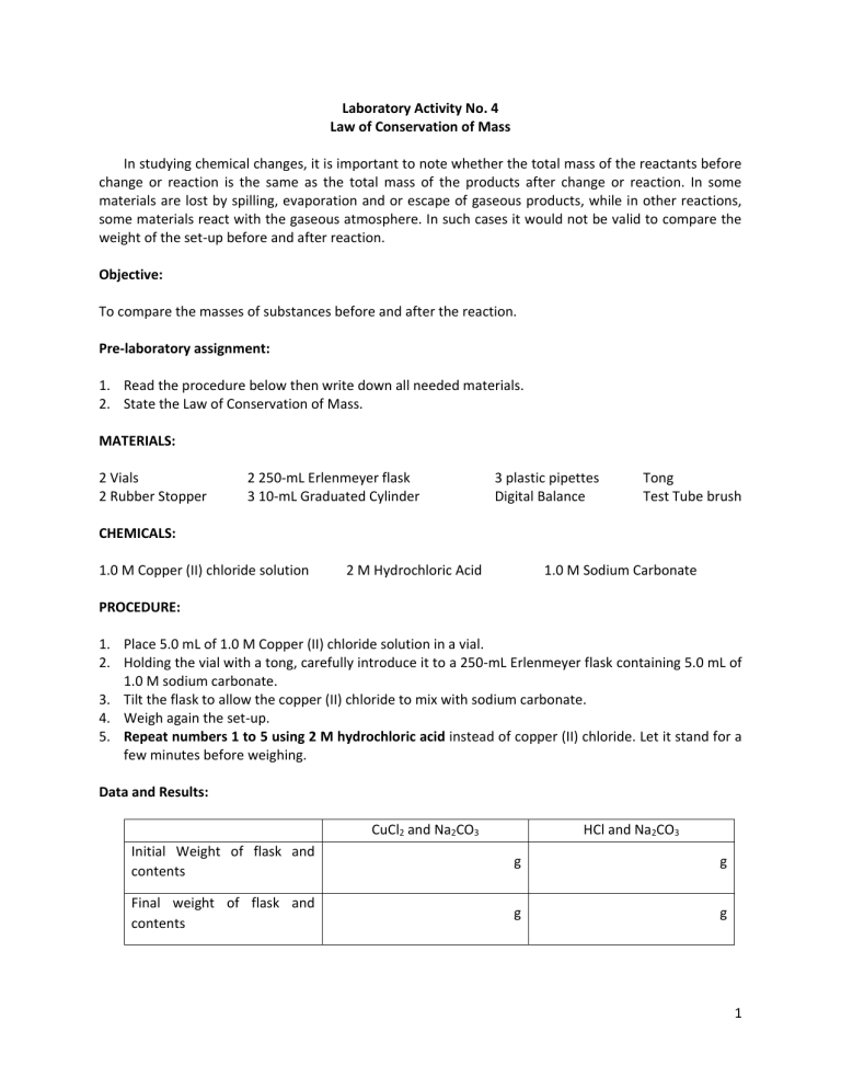 Lab Activity 4: Law of Conservation of Mass
