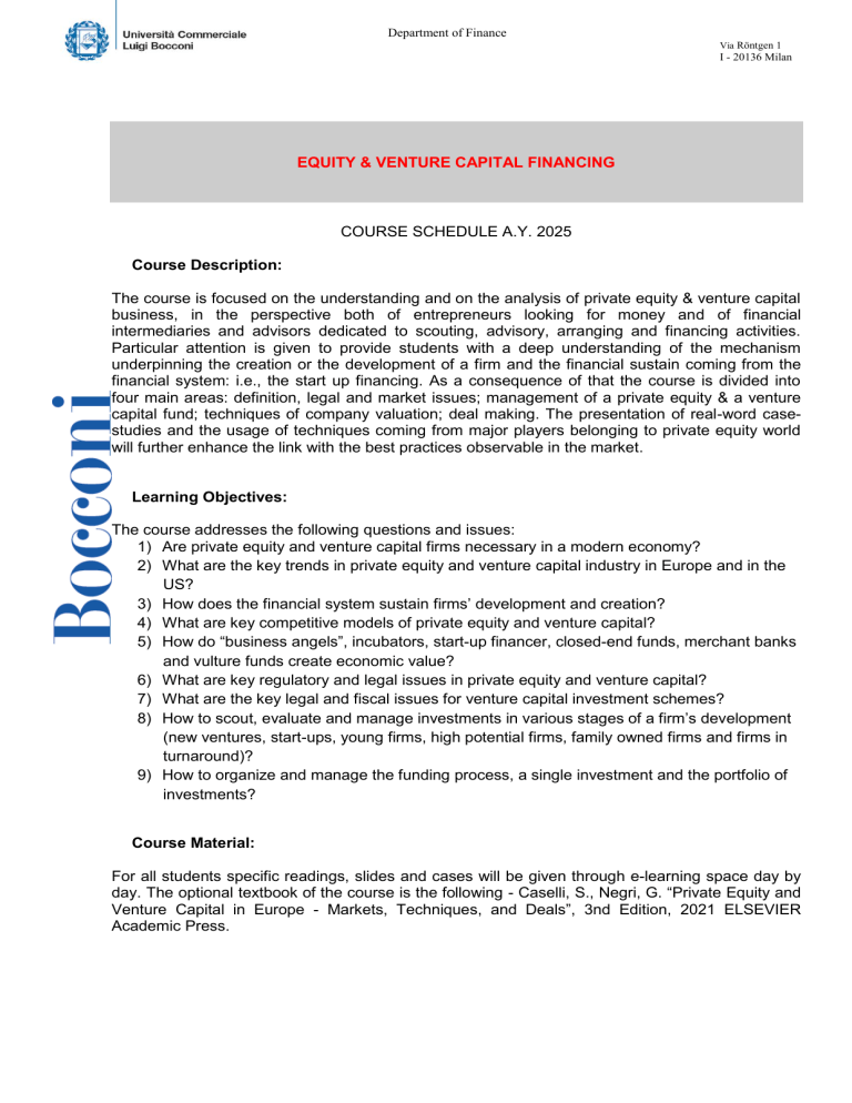 Equity & Venture Capital Financing Course Schedule 2025