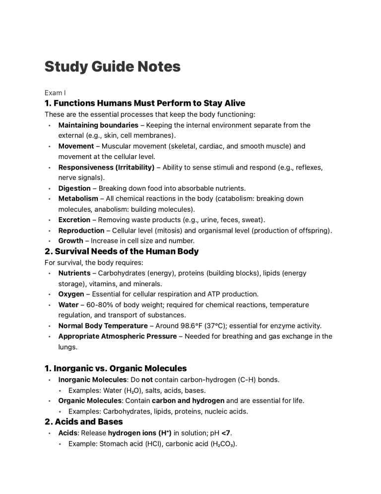 Study Guide Notes: Exam I Biology Study Materials
