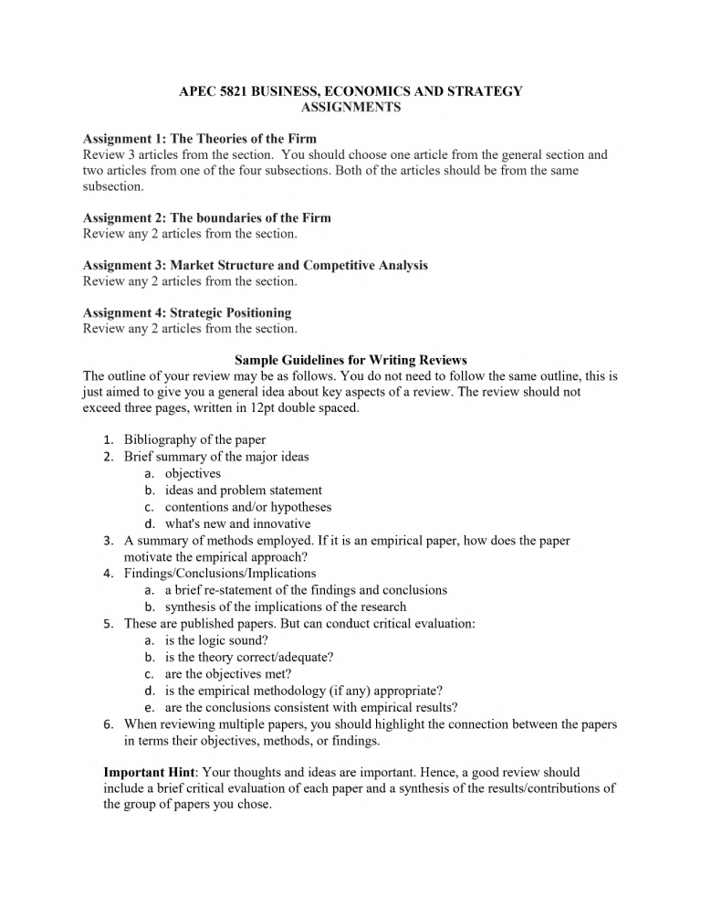 APEC 5821 Assignments: Business, Economics, Strategy