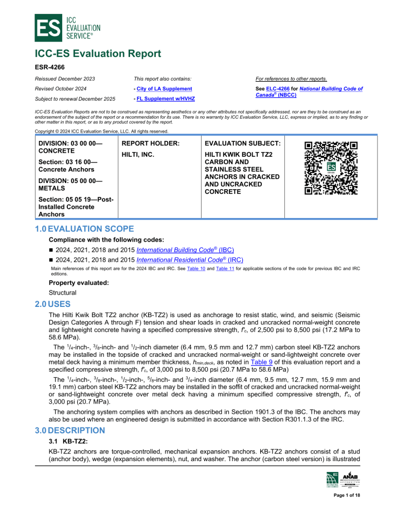 Hilti Kwik Bolt TZ2 ICC-ES Evaluation Report ESR-4266