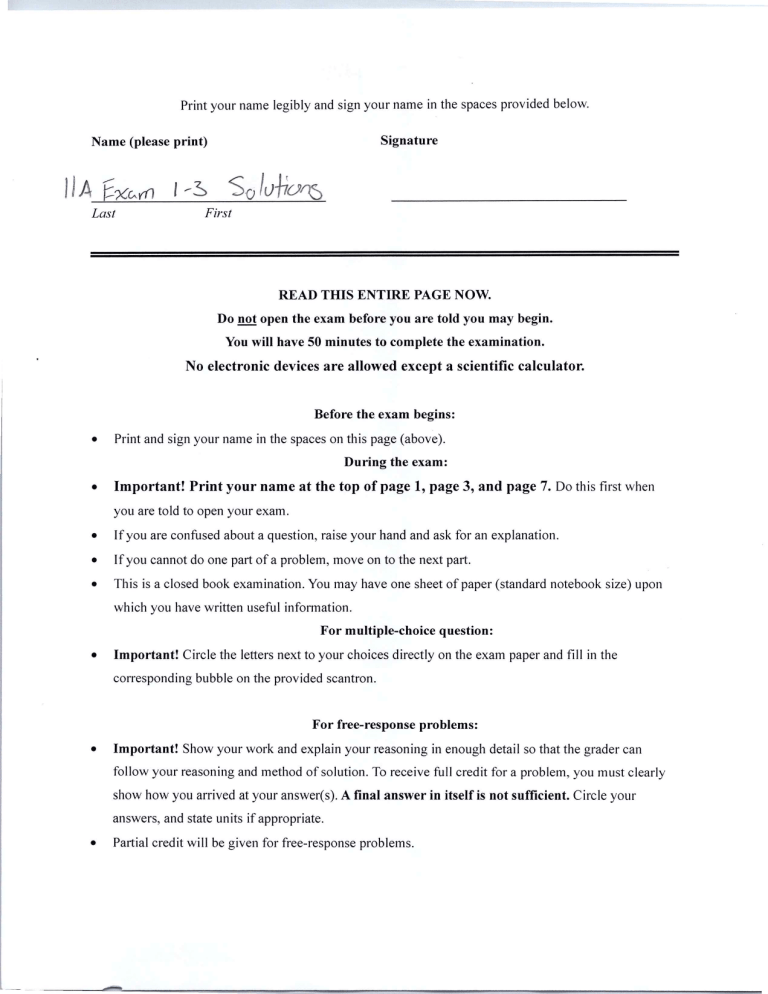 IIA Exam 1-3 Instructions & Physics Questions