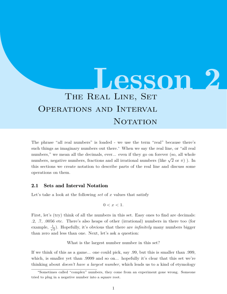 Lesson 2: Real Line, Set Operations & Interval Notation