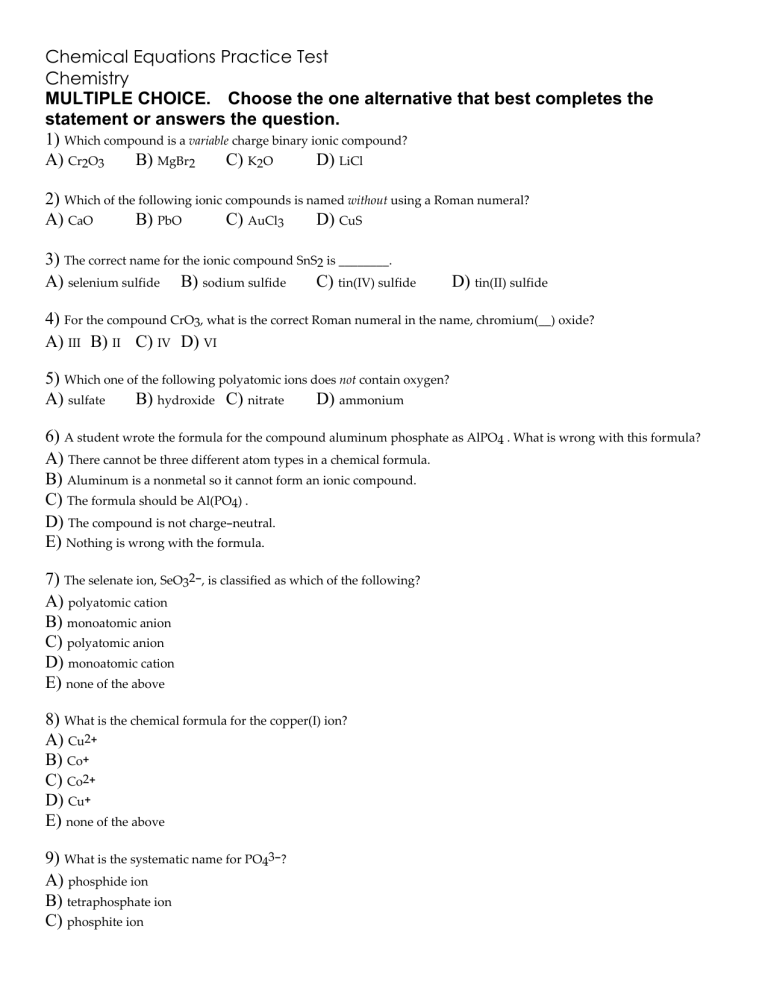 Chemical Equations Practice Test