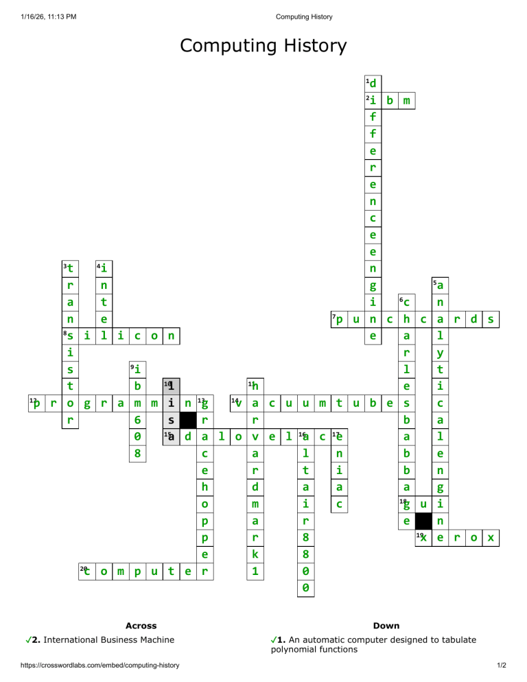 Computing History Crossword Puzzle