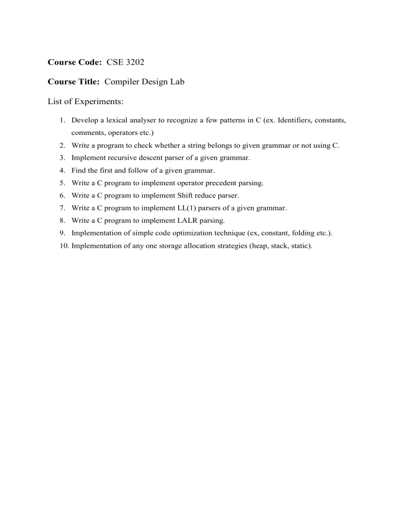Compiler Design Lab Experiments CSE 3202