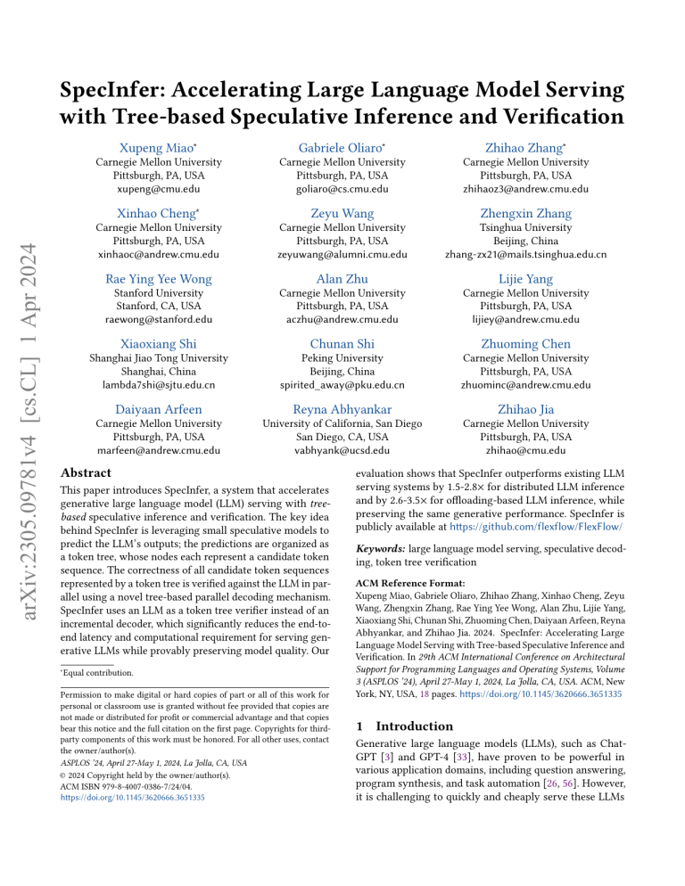 SpecInfer: Accelerating LLM Serving with Tree-based Speculative Inference