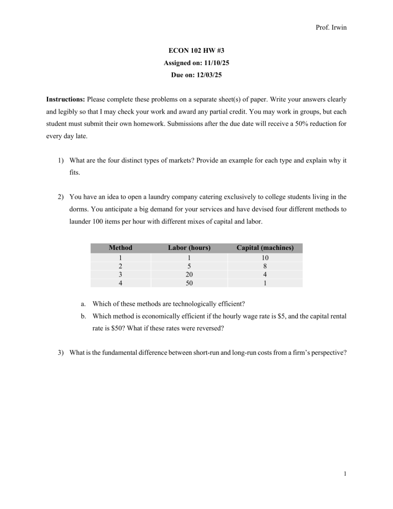 ECON 102 HW #3: Microeconomics Homework Problems