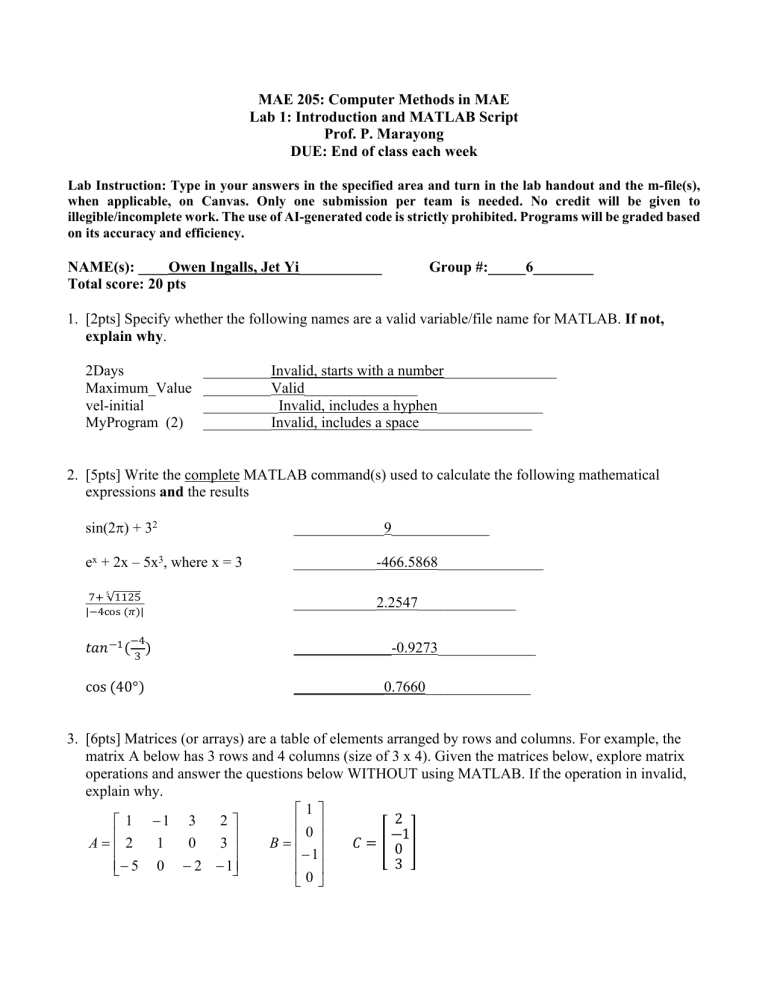 MAE 205 Lab 1: MATLAB Introduction & Script