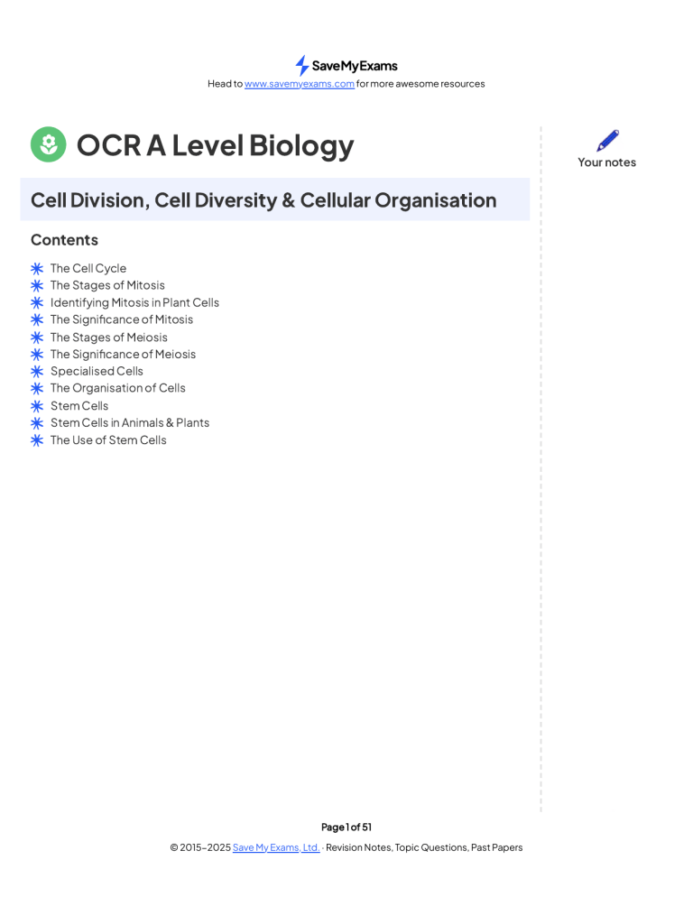 OCR A Level Biology: Cell Division Revision Notes
