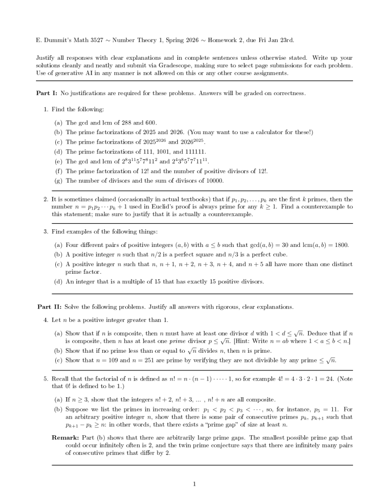 Number Theory Homework 2: GCD, LCM, Primes, Divisors