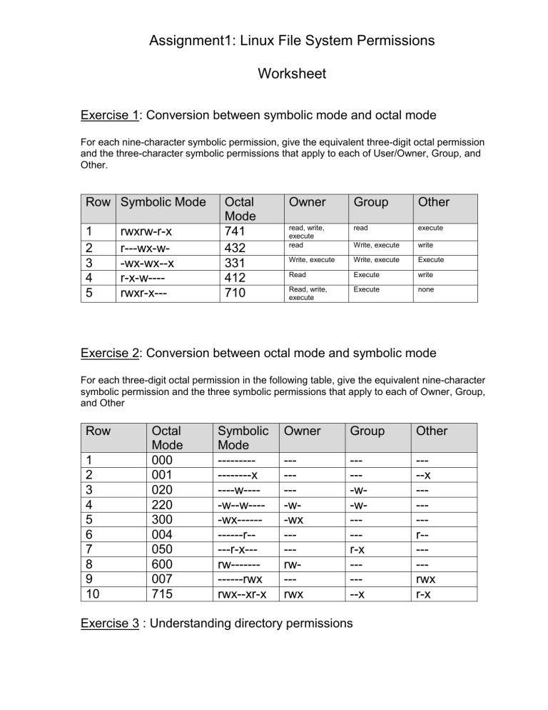 Linux File System Permissions Worksheet: Symbolic & Octal Mode Exercises