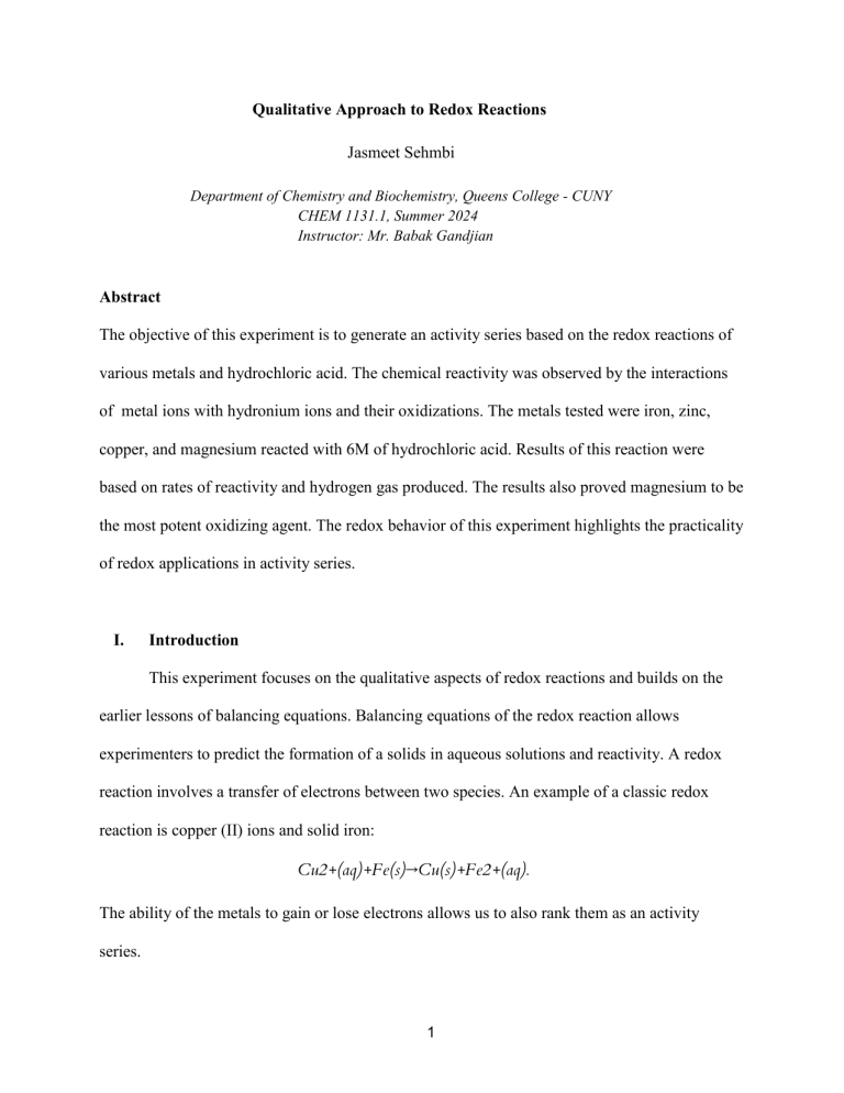Qualitative Approach to Redox Reactions Lab Report