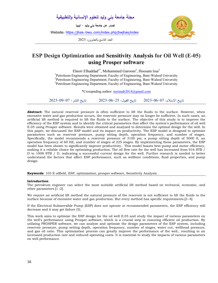 ESP Design Optimization for Oil Well E-05 Using Prosper Software