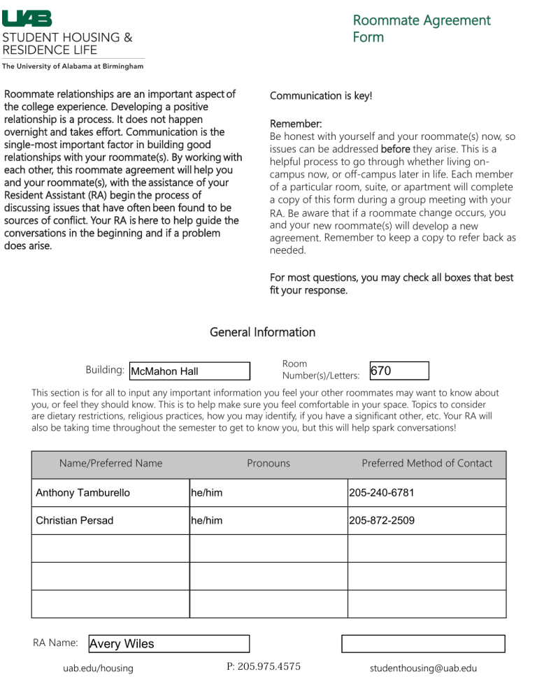 UAB Roommate Agreement Form - McMahon Hall 670