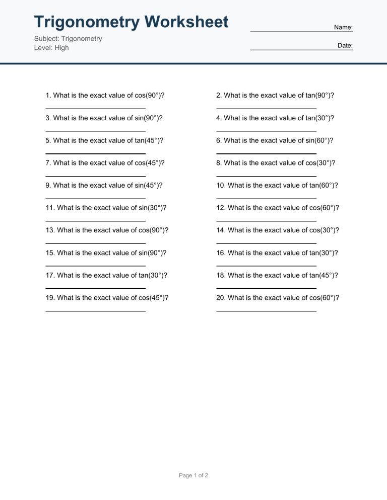 Trigonometry Worksheet: Exact Values