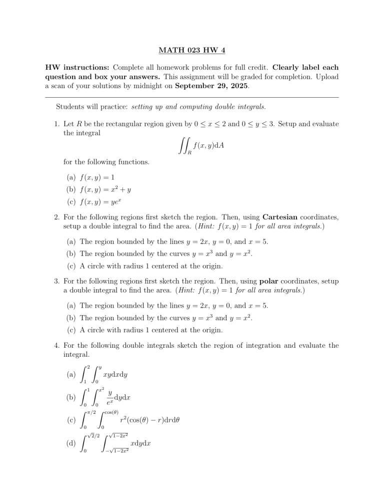 MATH 023 HW 4: Double Integrals Homework