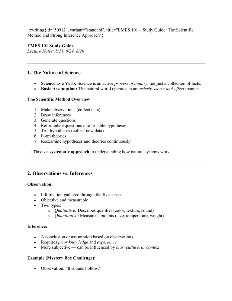 EMES 101 Study Guide: Scientific Method & Strong Inference