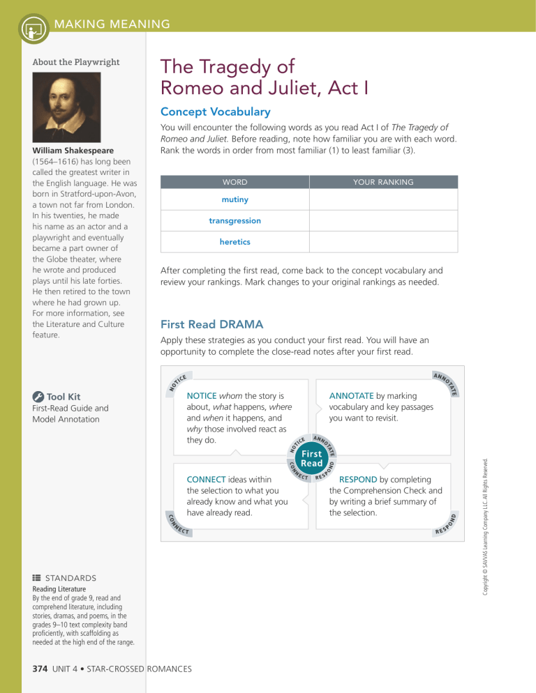 Romeo and Juliet Act I: First Read Guide & Vocabulary