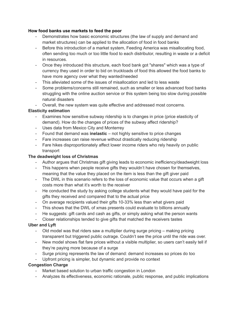 Economics Case Studies: Food Banks, Elasticity, Deadweight Loss