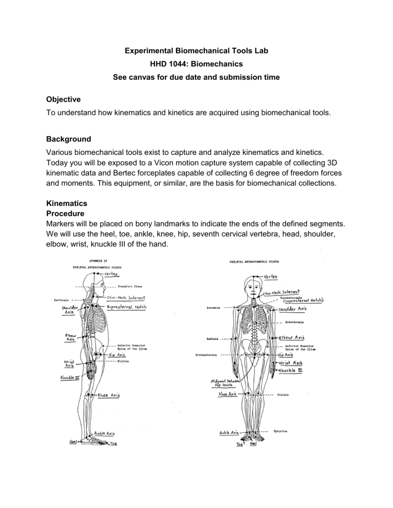 Experimental Biomechanical Tools Lab: Biomechanics Lab Manual