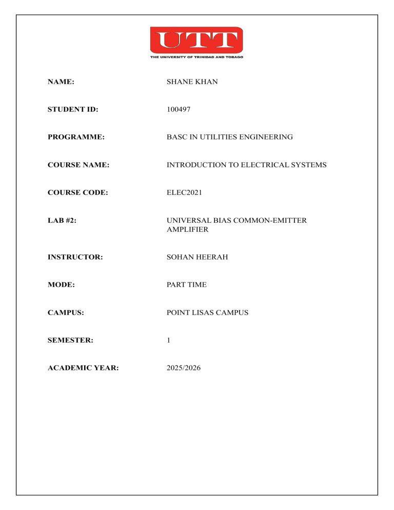 Lab Report: Universal Bias Common-Emitter Amplifier