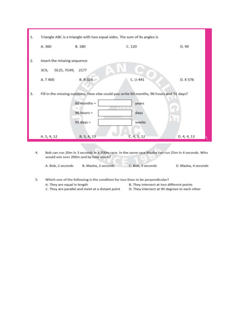 Mathematics Practice Test with Multiple Choice Questions