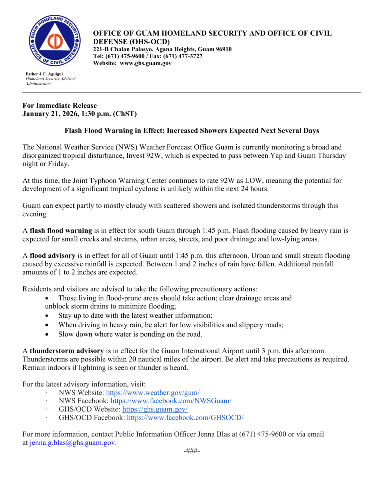 Flash Flood Warning in Effect for Guam; Increased Showers Expected