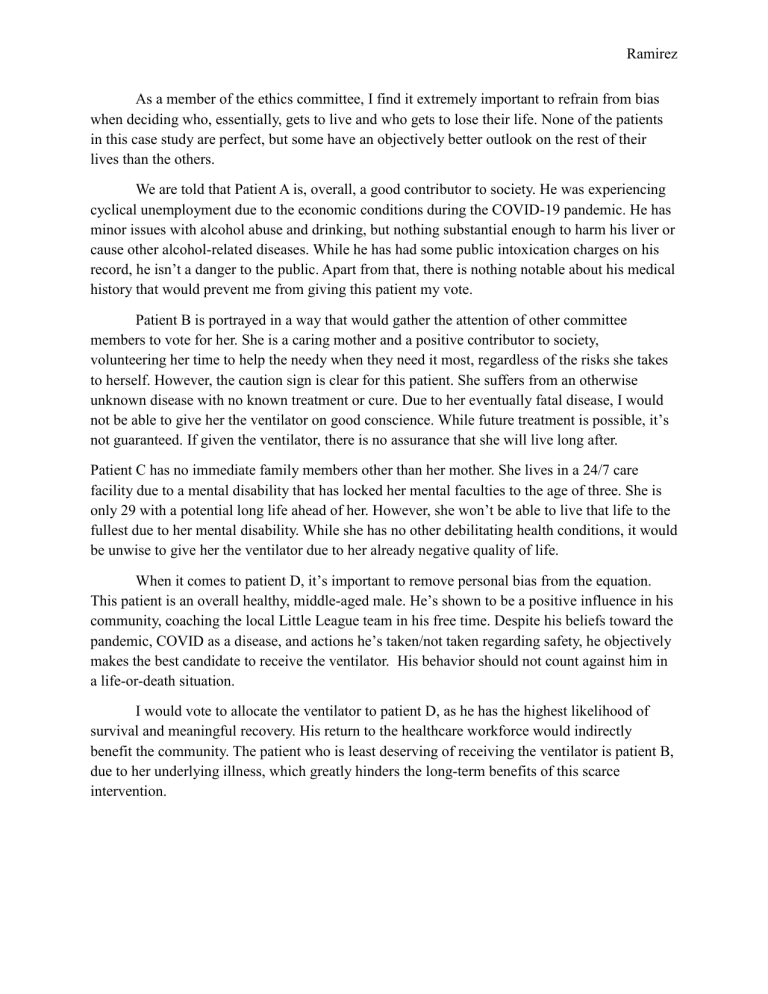 Medical Ethics Case Study: Ventilator Allocation