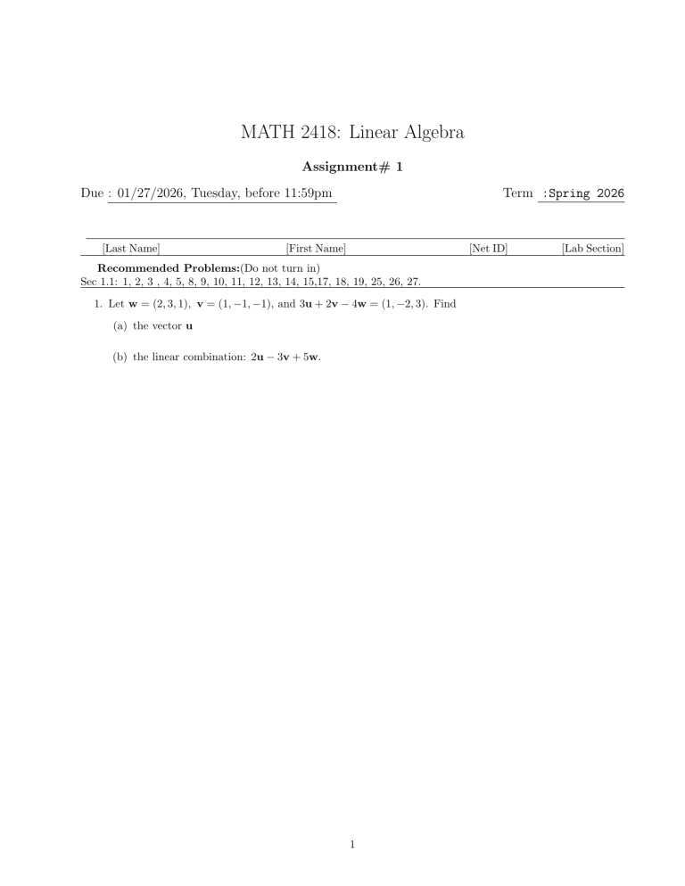 MATH 2418 Linear Algebra Assignment 1