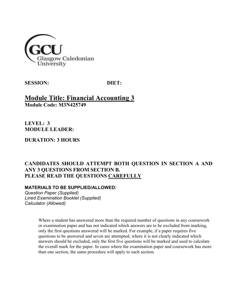 Financial Accounting 3 Exam Paper Glasgow Caledonian University