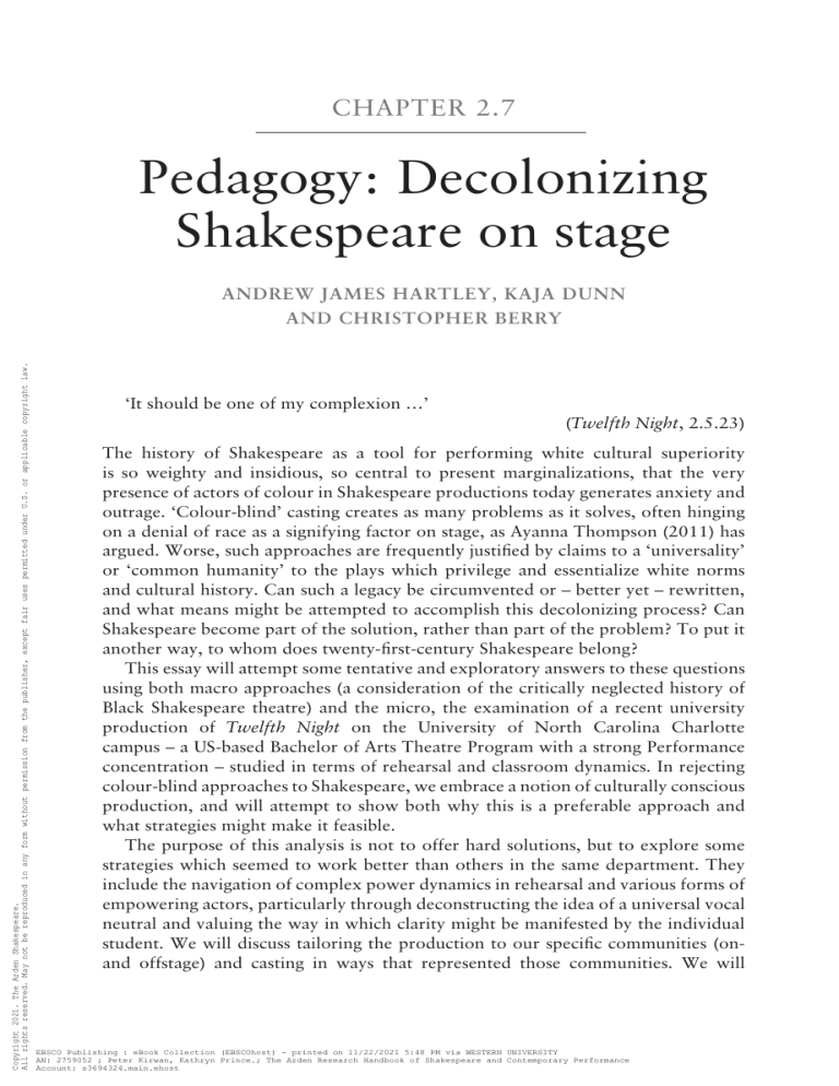 Decolonizing Shakespeare on Stage: Pedagogy and Practice